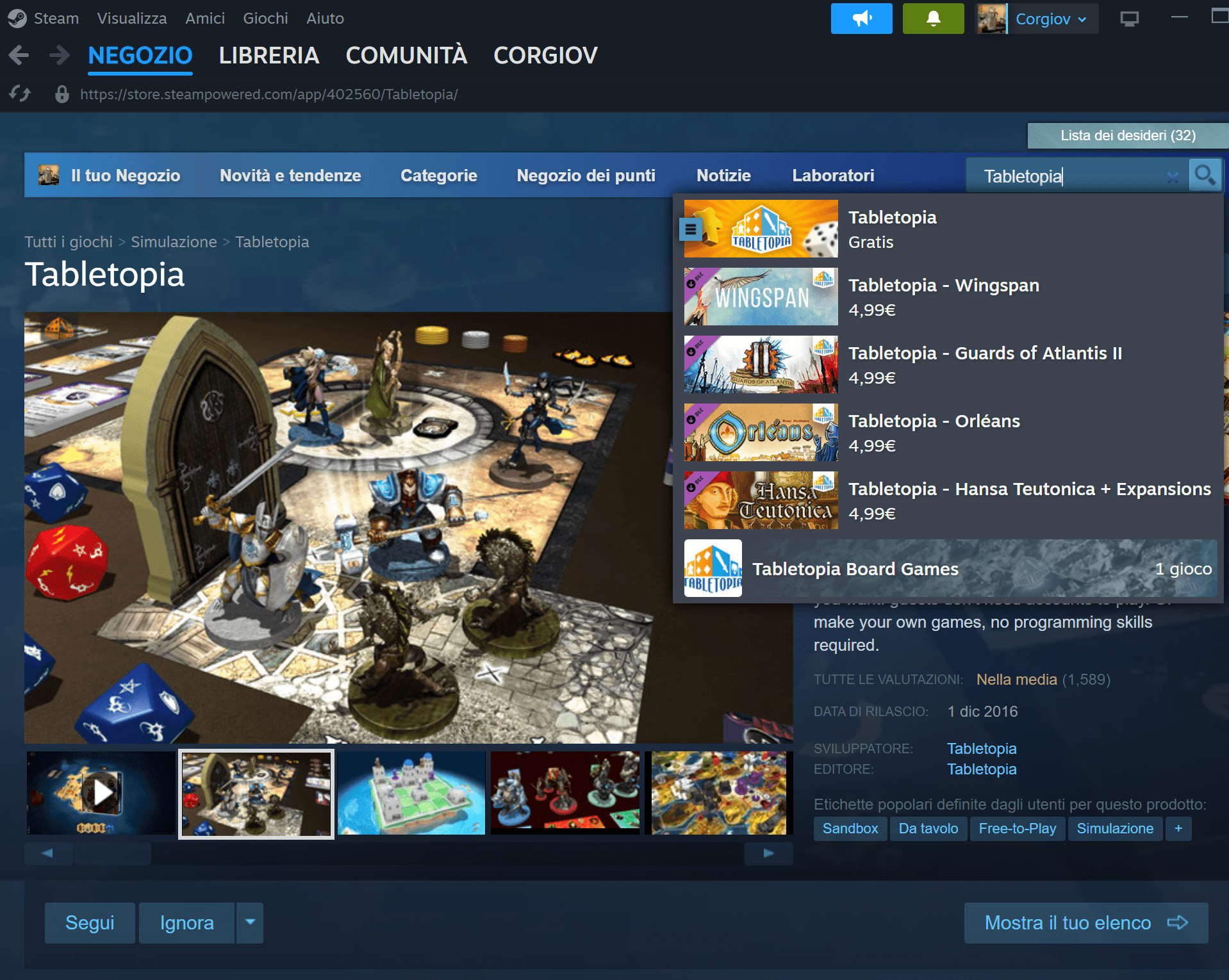 Tabletopia per PC: la via per il gioco da tavolo virtuale?